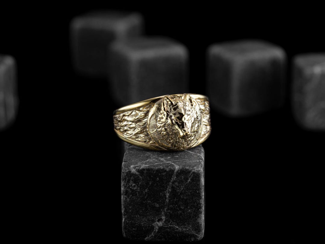 Angry Wolf With Moon 21K Gold Men Ring, Celtic Fenrir Wolf Gold Band ...
