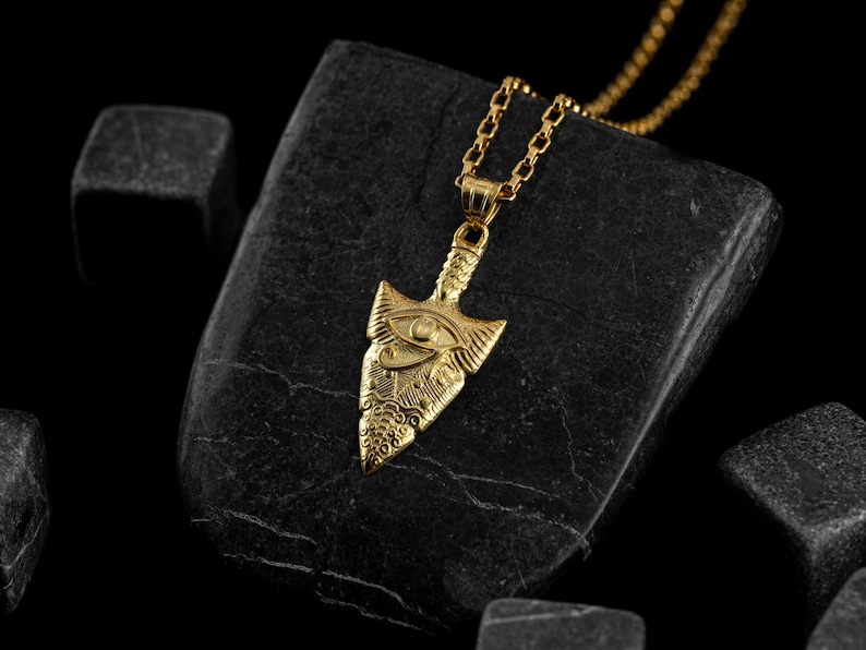 Solid 18K Gold Arrowhead With Horus Eye Necklace for Men, 14K Solid ...