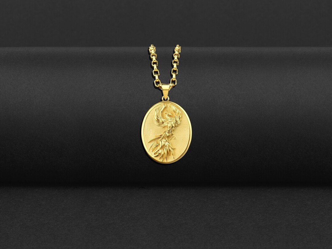 Phoenix Medallion Necklace in Solid Gold, 14K Yellow Gold Fire Bird ...