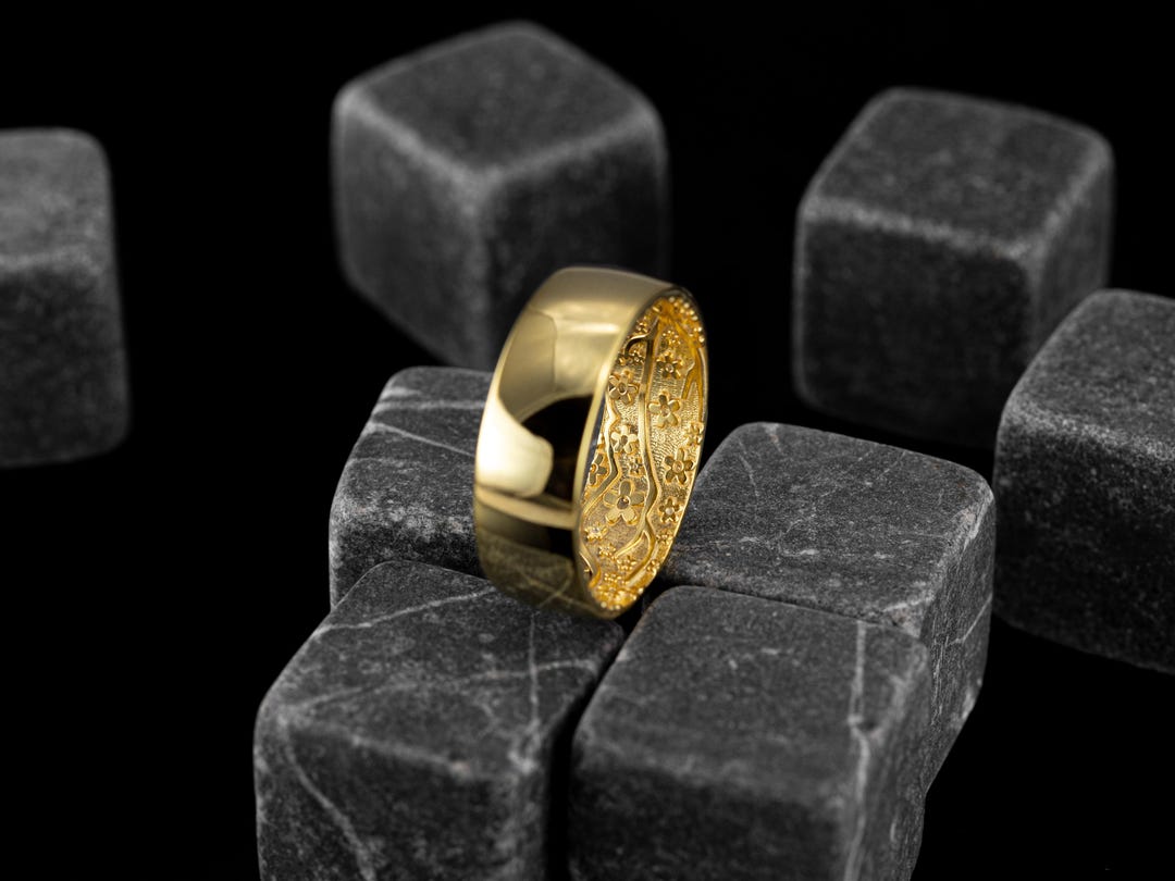 Japanese Art Men 14K Gold Band Ring Inside Sakura Flowers, Unique ...