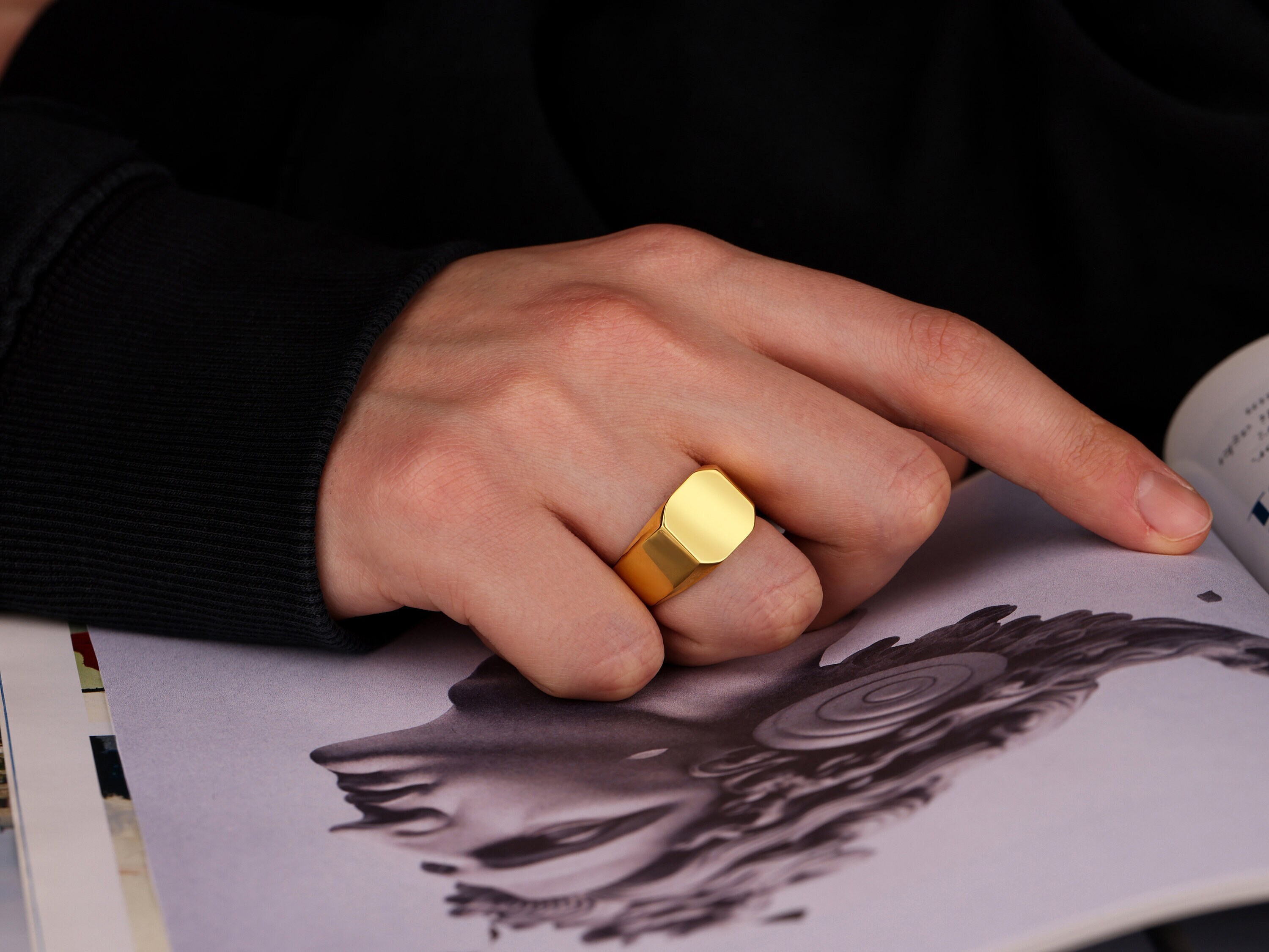 Plain Flat Signet Ring for Men in 14K Gold, Modern Mens Signet Ring in ...