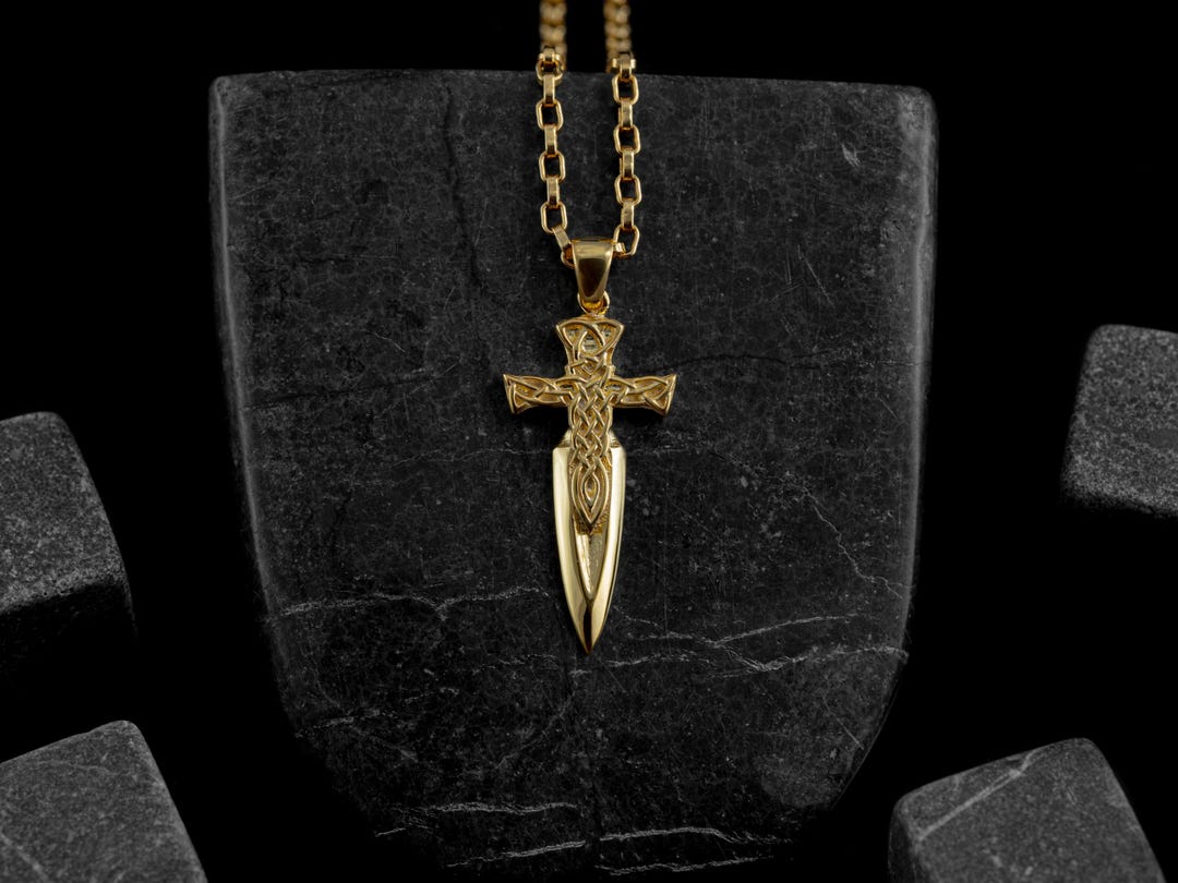 18k Solid Gold Trinity Knots in Cross Shaped Dagger Necklace, Viking ...