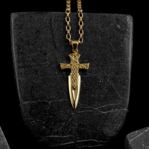 18k Solid Gold Trinity Knots in Cross Shaped Dagger Necklace, Viking ...