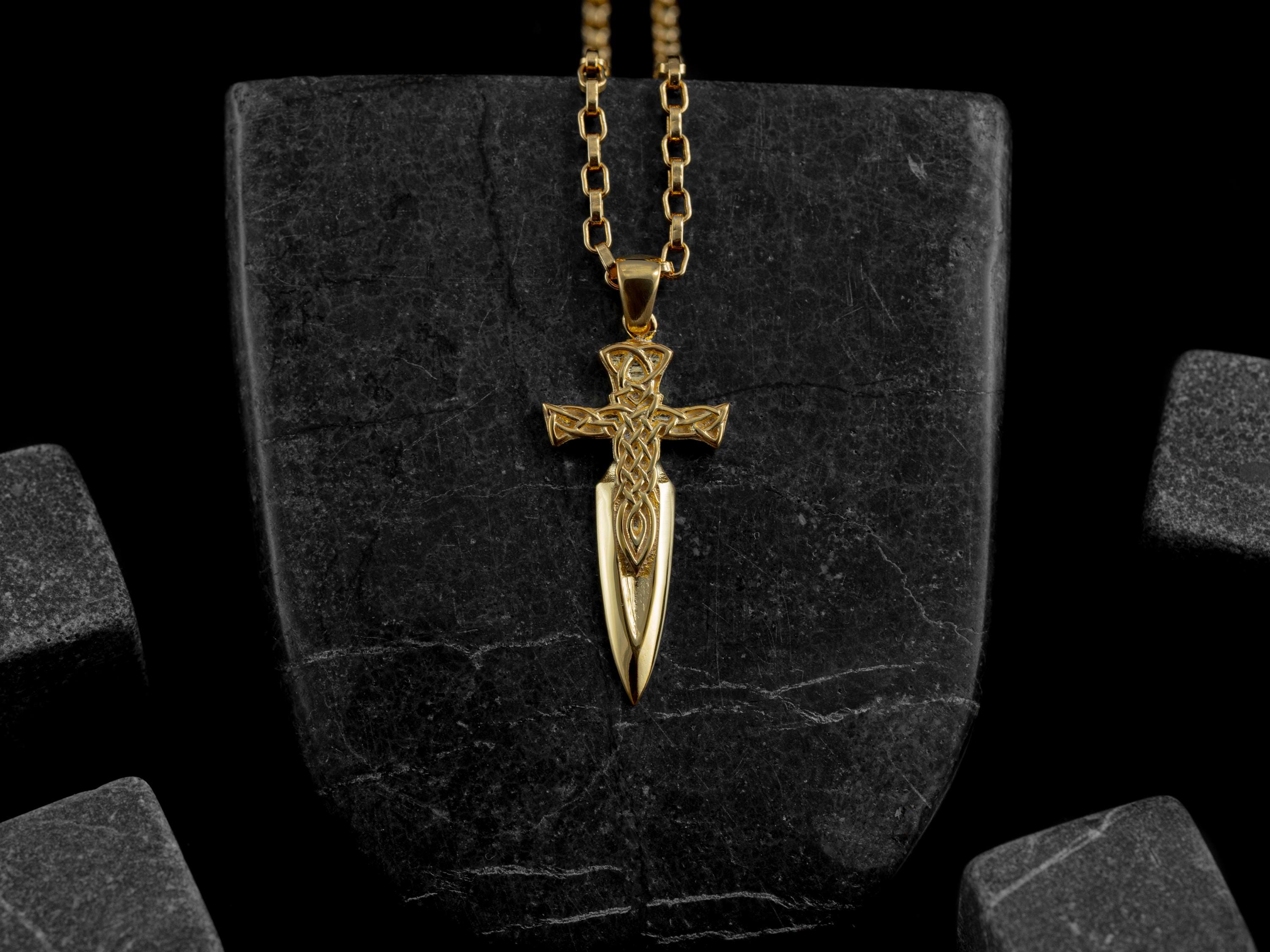 18k Solid Gold Trinity Knots in Cross Shaped Dagger Necklace, Viking ...