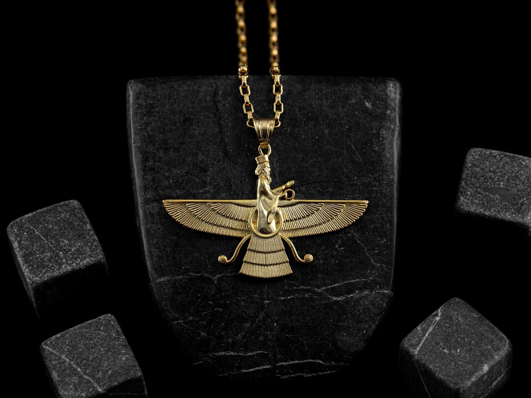 Solid Gold Faravahar Necklace, 18k Gold Unique Ahura Mazda Pendant for ...
