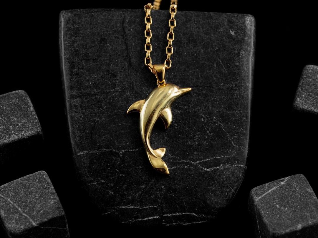 Golden Dolphin Pendant 14k Solid Gold Necklace, Ocean Fish Necklace in ...