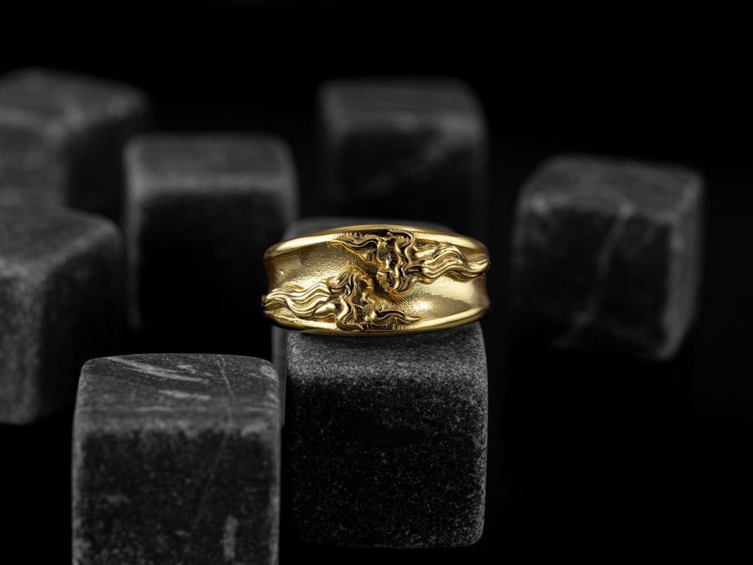 Zodiac Gemini Gold Mens Band Ring, Oxidized Gold Gemini Wedding Band ...