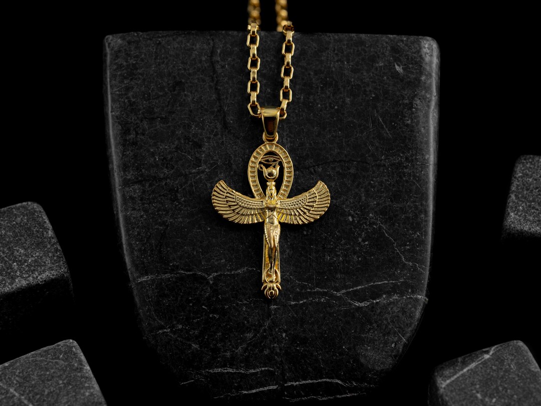 Isis on Ankh Pendant Necklace in 14k Yellow Gold, Ancient Egyptian ...