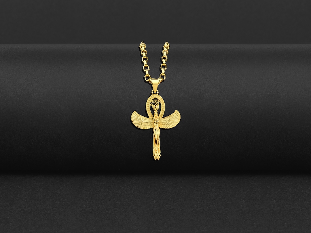 Isis on Ankh Pendant Necklace in 14K Yellow Gold, Ancient Egyptian ...