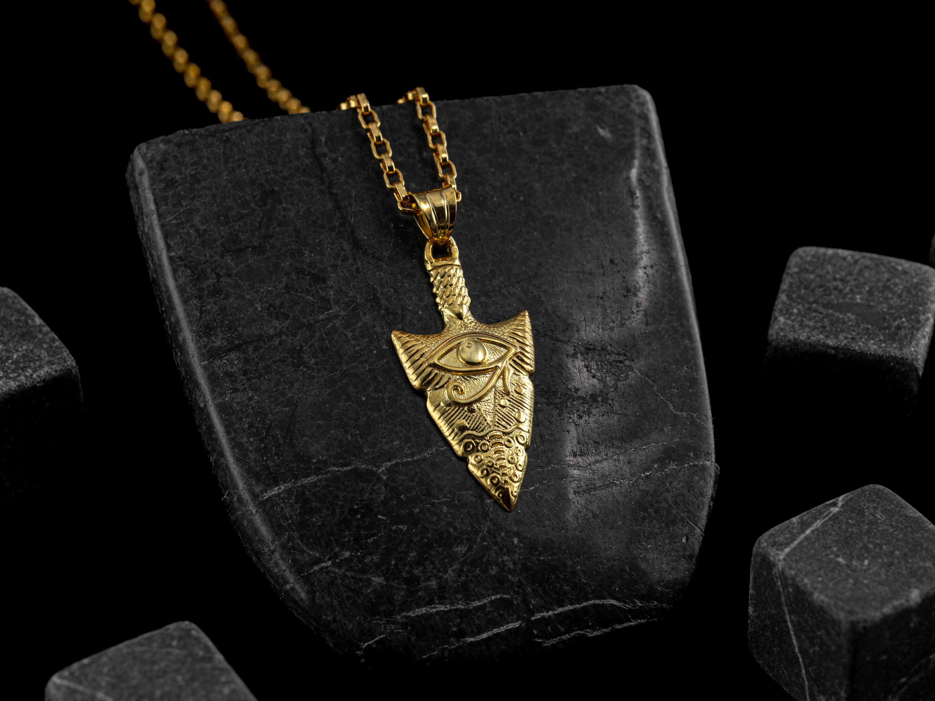 Solid 18K Gold Arrowhead With Horus Eye Necklace for Men, 14K Solid ...