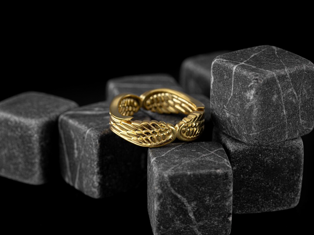 21K Solid Gold Angel Wings Wedding Men Band Rings, Angel Wings 18K ...