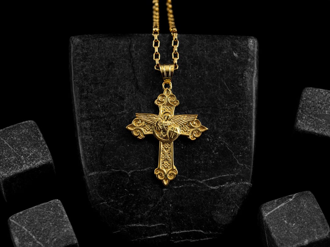 21K Solid Gold Saint Michael Archangel Protection Cross Necklace ...