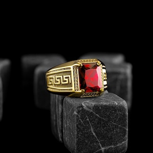 Ruby Gemstone 18K Gold Men Wedding Signet Ring, Red Ruby Stone Statement Ring for Wedding Day ...