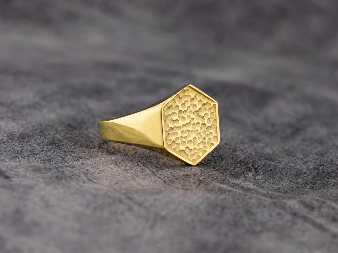 Hexagon Mens Signet Ring in 14K Gold, Textured Gold Ring for Husband ...