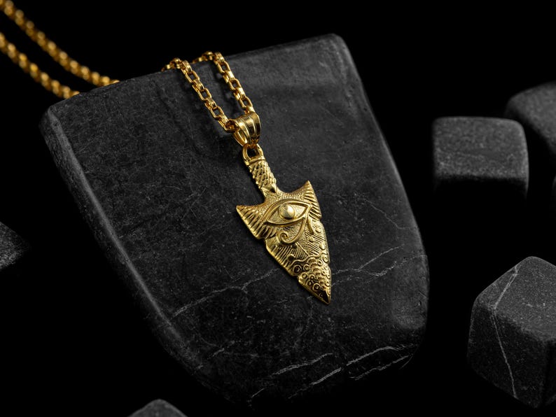 Solid 18K Gold Arrowhead With Horus Eye Necklace for Men, 14K Solid ...