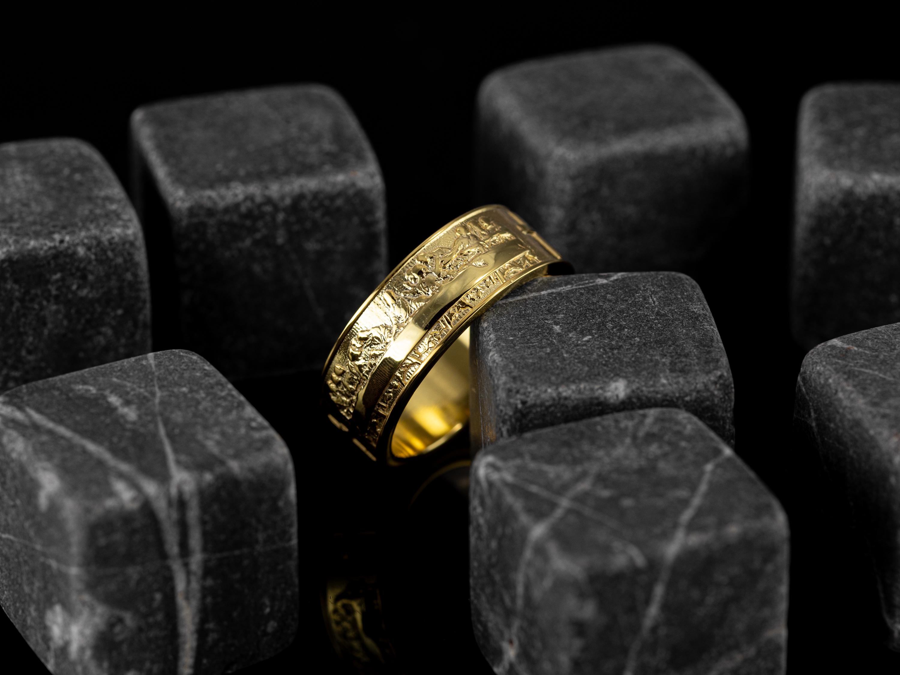 Last Supper Cross 18K Solid Gold Men Band Rings, Cross Wedding 21K Gold ...