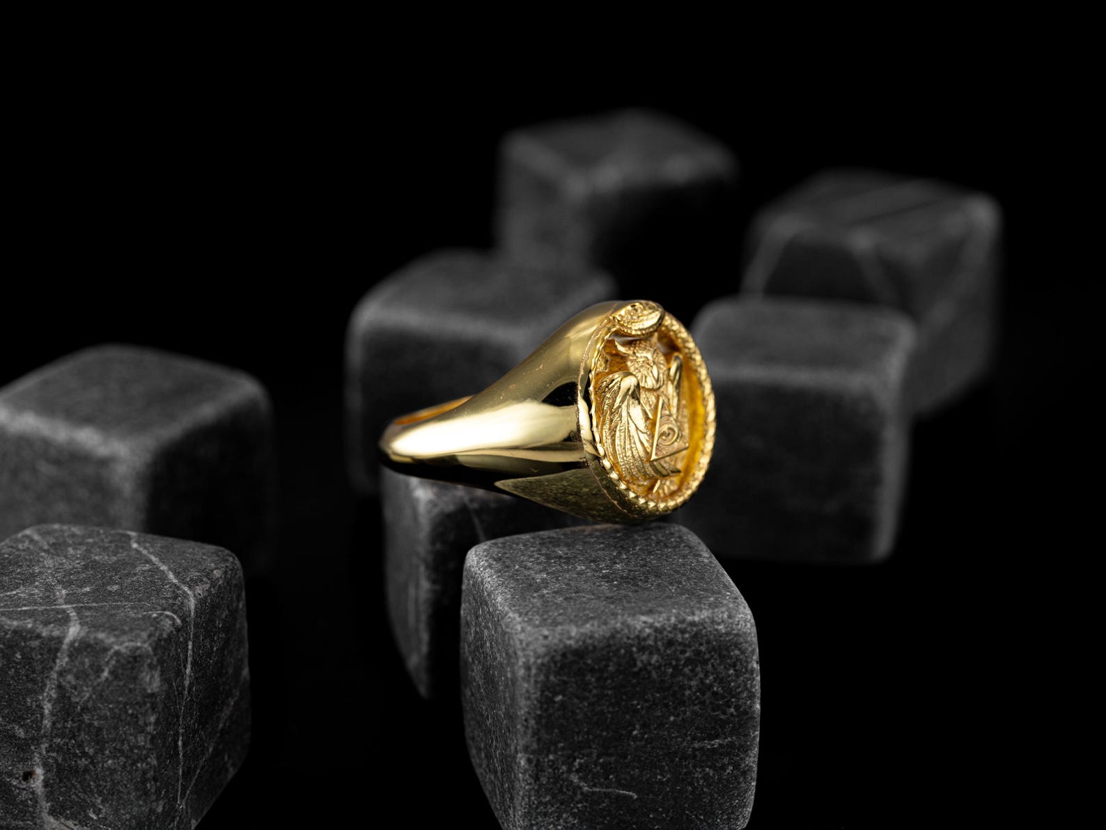 14K Gold Snake Ouroboros Owl Eye of Providence Men Ring, Freemasonry ...