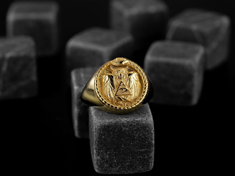 14K Gold Snake Ouroboros Owl Eye of Providence Men Ring, Freemasonry ...