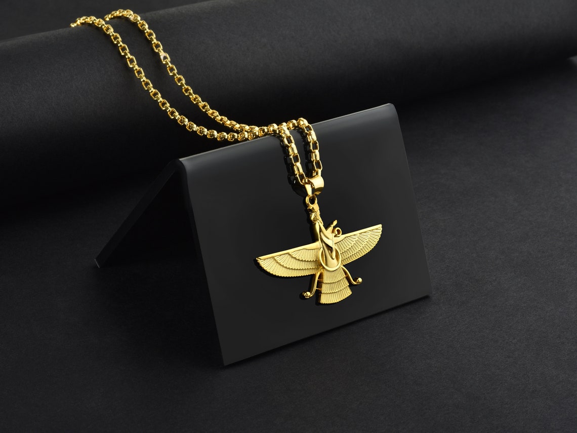 Faravahar Pendant Necklace in 14K Yellow Gold, Ahura Mazda Charm ...