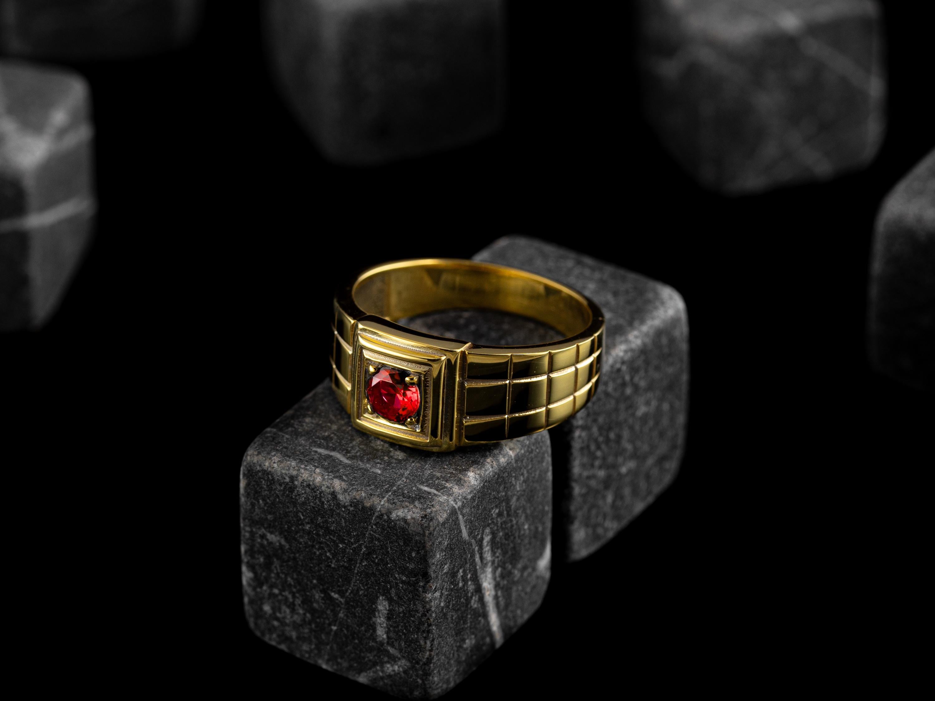 14K Solid Gold Men Ring With Red Ruby Gemstone, Square Cut Ruby Gold ...