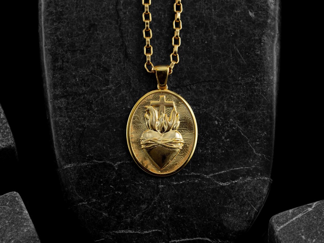 Sacred Heart 14k Solid Gold Charm Necklace for Christian, 21k Yellow ...