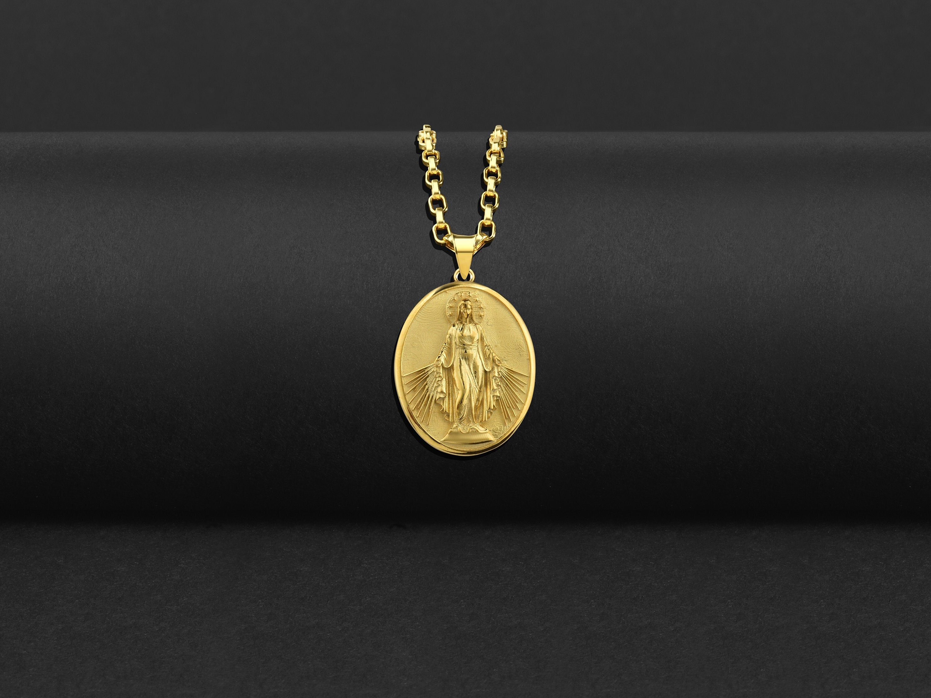 Miraculous Virgin Mary Medal Necklace in 14K Gold, Mother Mary Yellow ...