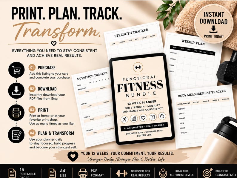 12 Week Fitness Planner Printable, Workout & Nutrition Tracker (PDF) - Etsy