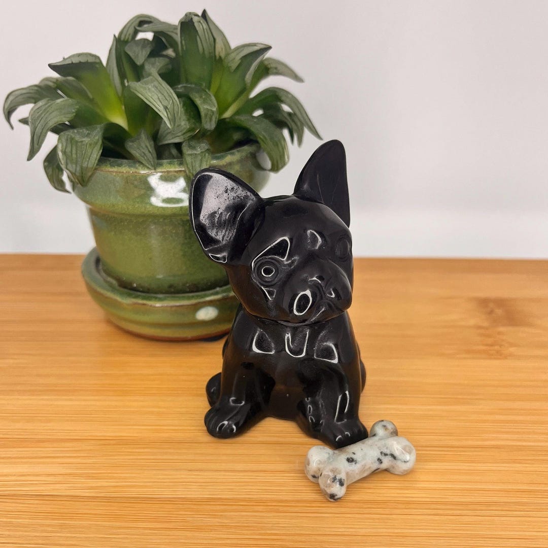 Black Obsidian Frenchie Dog Carving and Dalmatian Jasper Bone 170g - Etsy