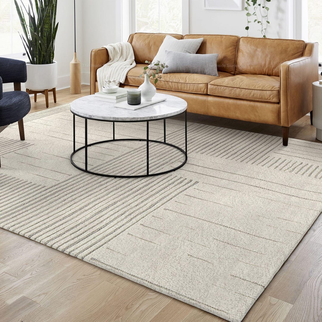 Hand Tufted Minimalist Geometric Wool Rug, Neutral Modern Textured Line ...