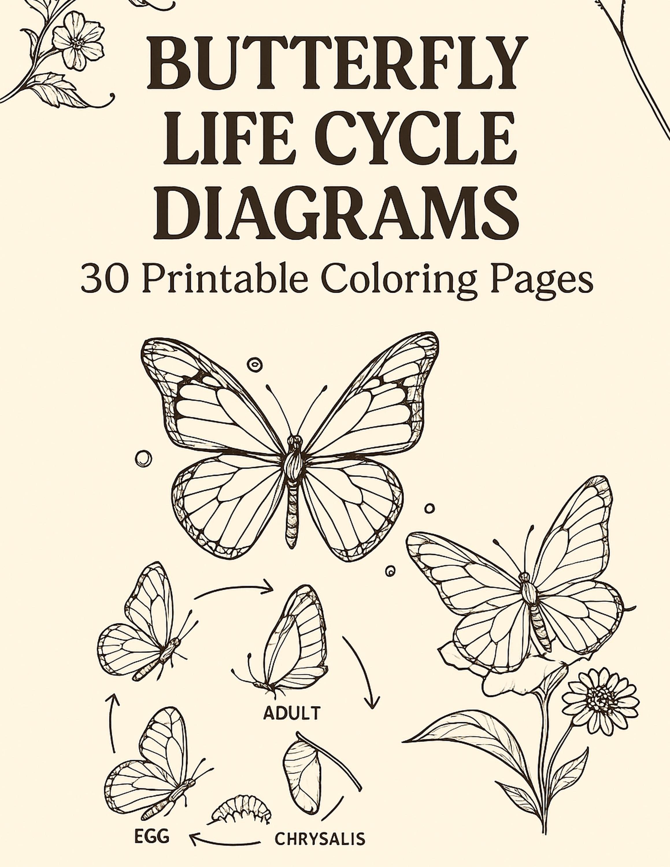 Butterfly Life Cycle Diagrams Coloring Book (30 Pages) | Printable PDF ...