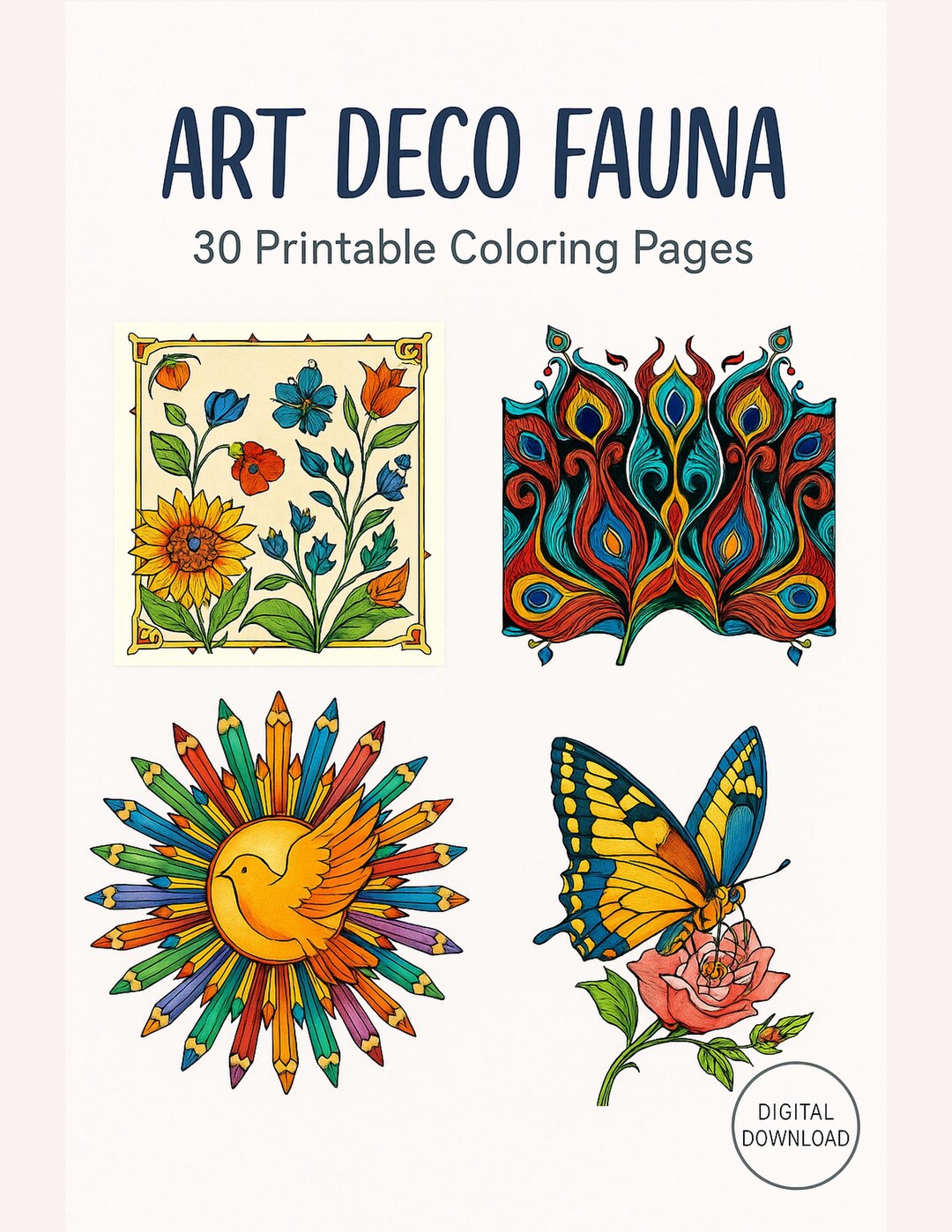 Art Deco Fauna Coloring Book (30 Pages) | Printable PDF - Etsy