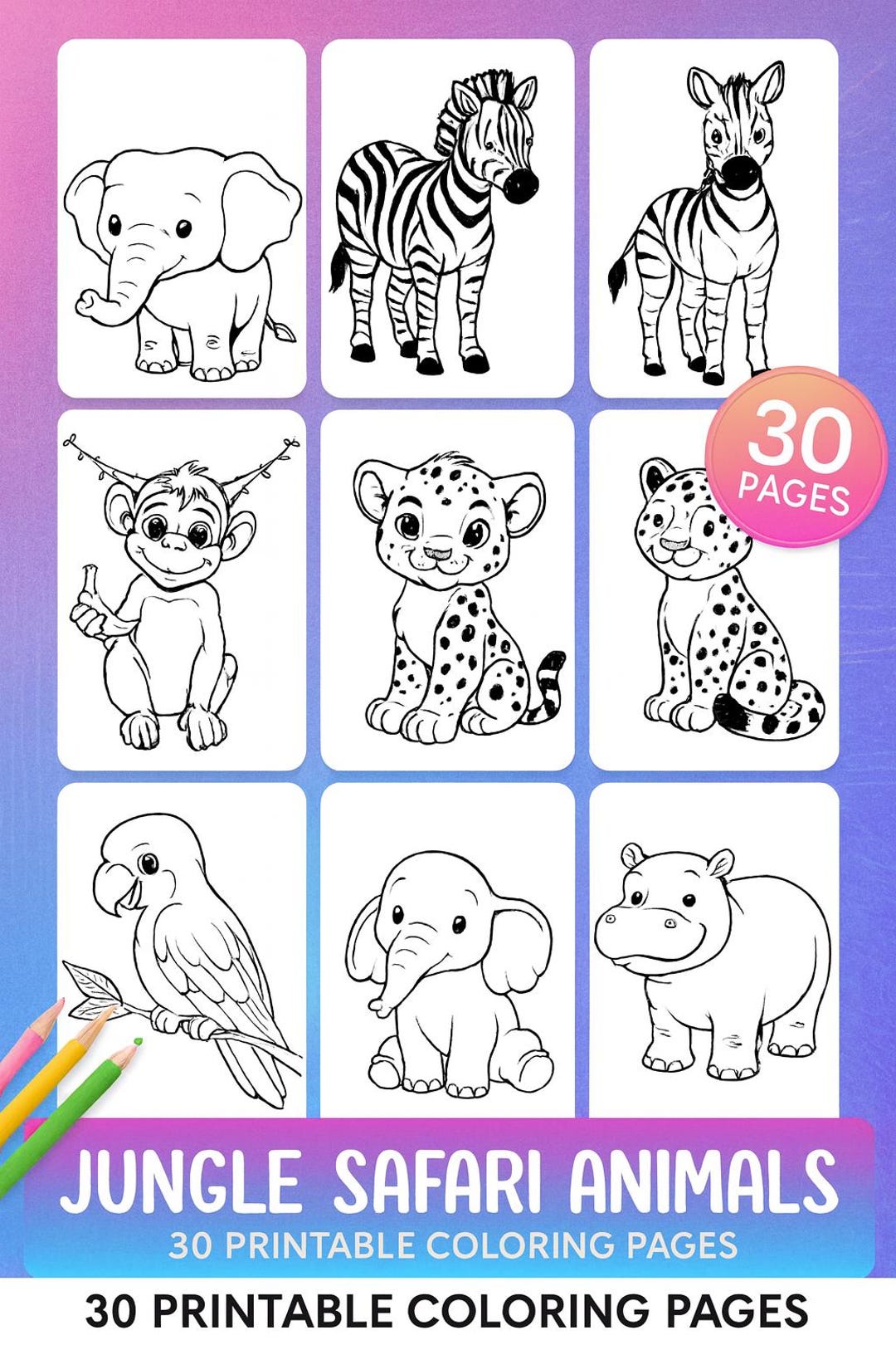 Jungle Safari Animals Coloring Book (30 Pages): Printable PDF & JPG ...