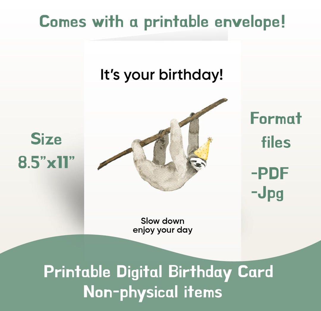 Funny Sloth Birthday Card: Printable 8.5x11 (digital Download) - Etsy