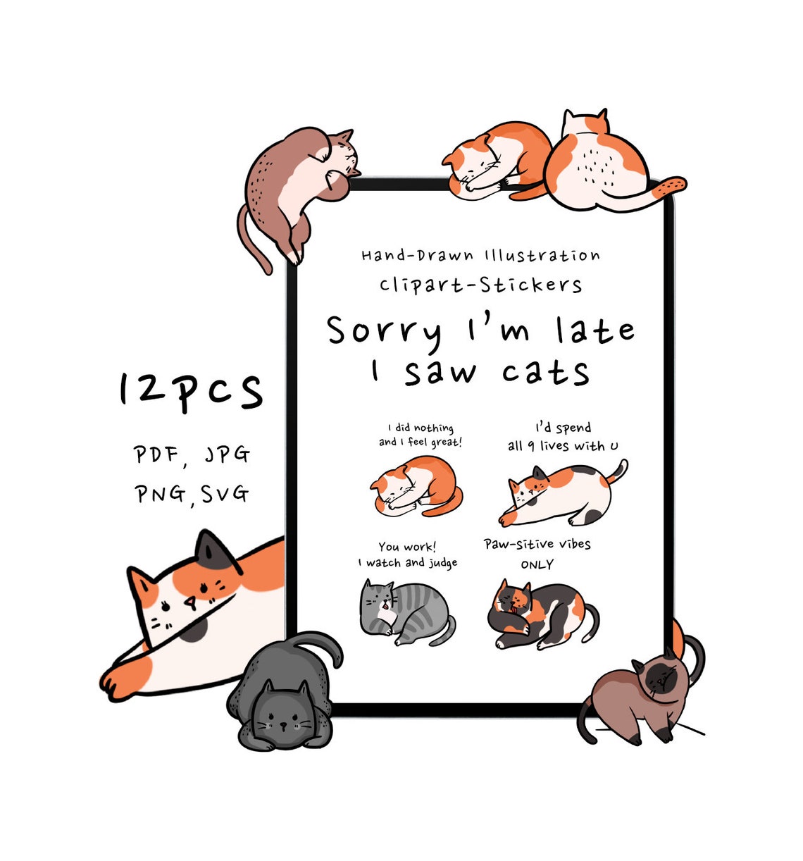 Cats Stickers, Cats Clipart, Goosnotes, Notion, SVG, Cat Lovers, Hand ...