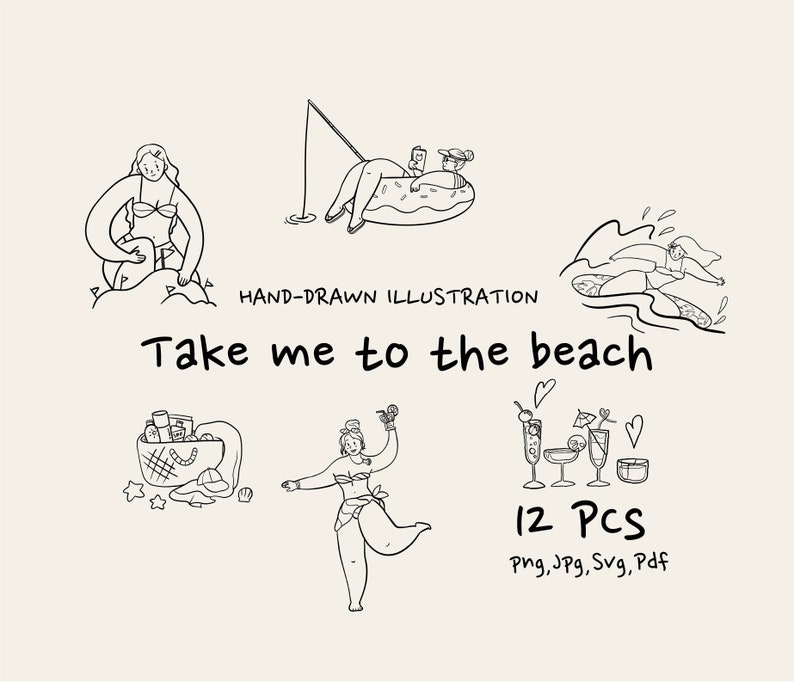 Clipart Hand-drawn Digital Line Art | Take Me to the Beach | Png Jpg ...