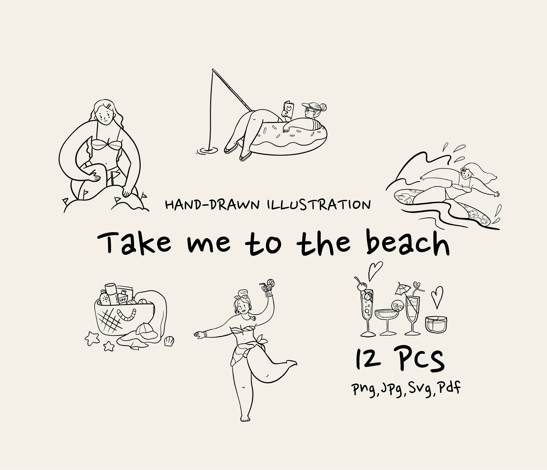 Clipart Hand-drawn Digital Line Art | Take Me to the Beach | Png Jpg ...