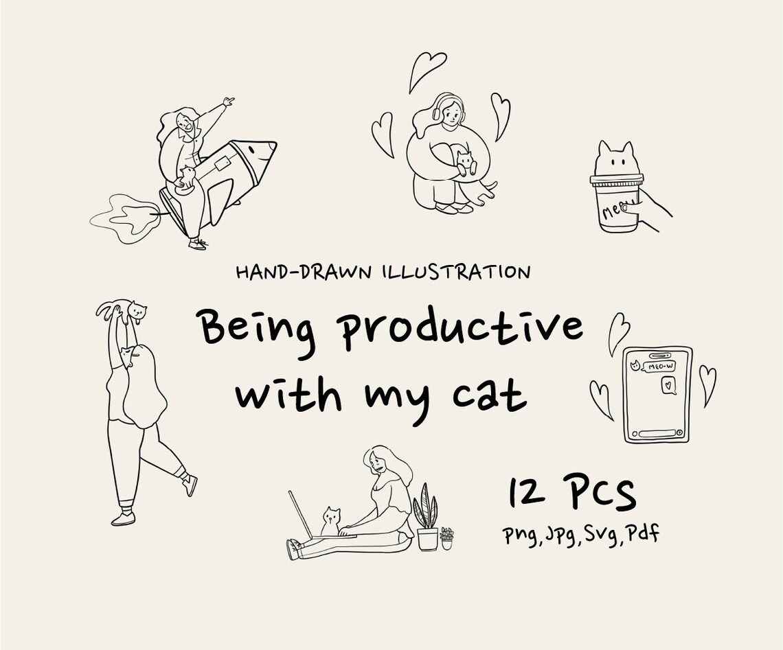 Clipart Hand-drawn Digital Line Art | Being Productive With My Cat ...