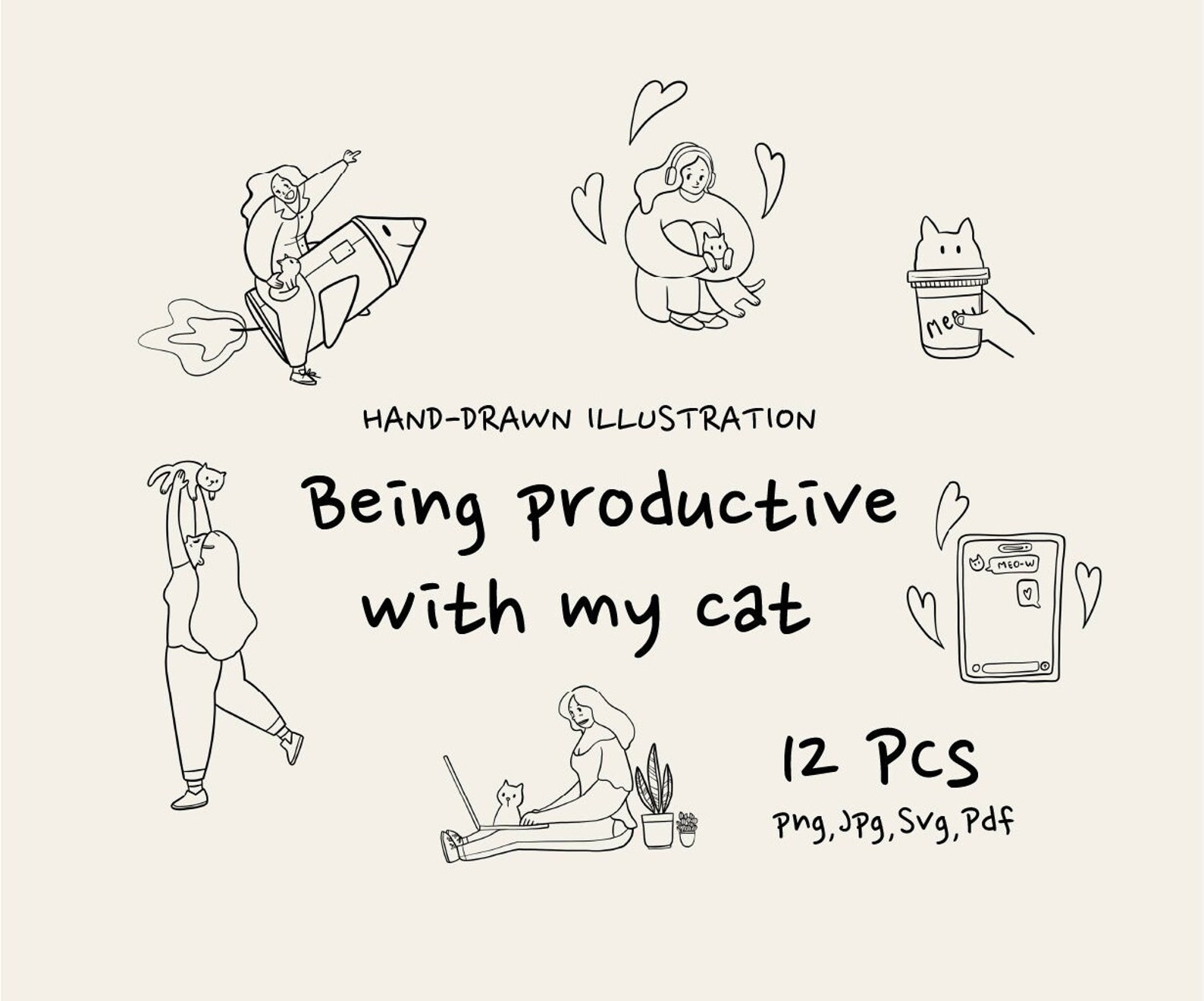 Clipart Hand-drawn Digital Line Art | Being Productive With My Cat ...