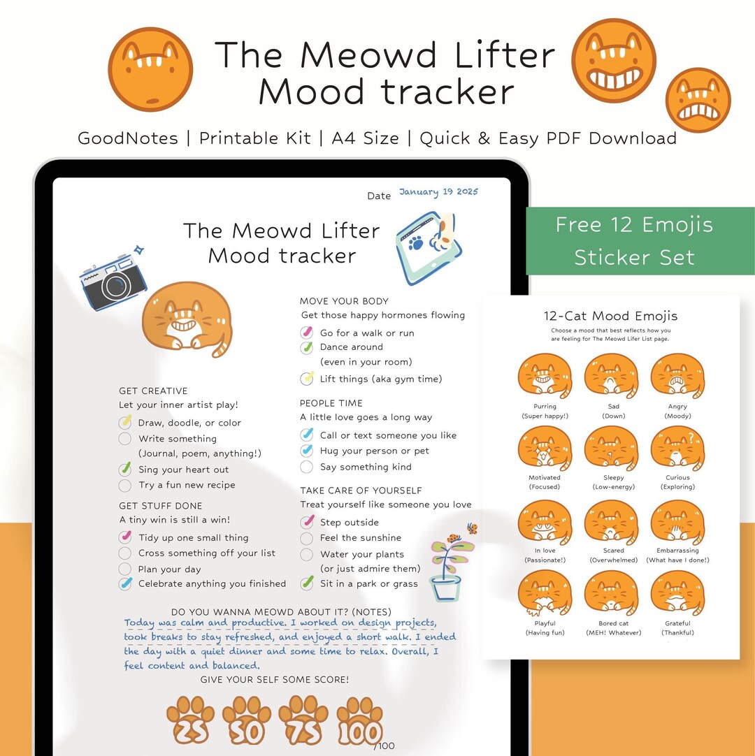 Cat Mood Tracker: Goodnotes Planner, Stickers (printable PDF + PNG) - Etsy