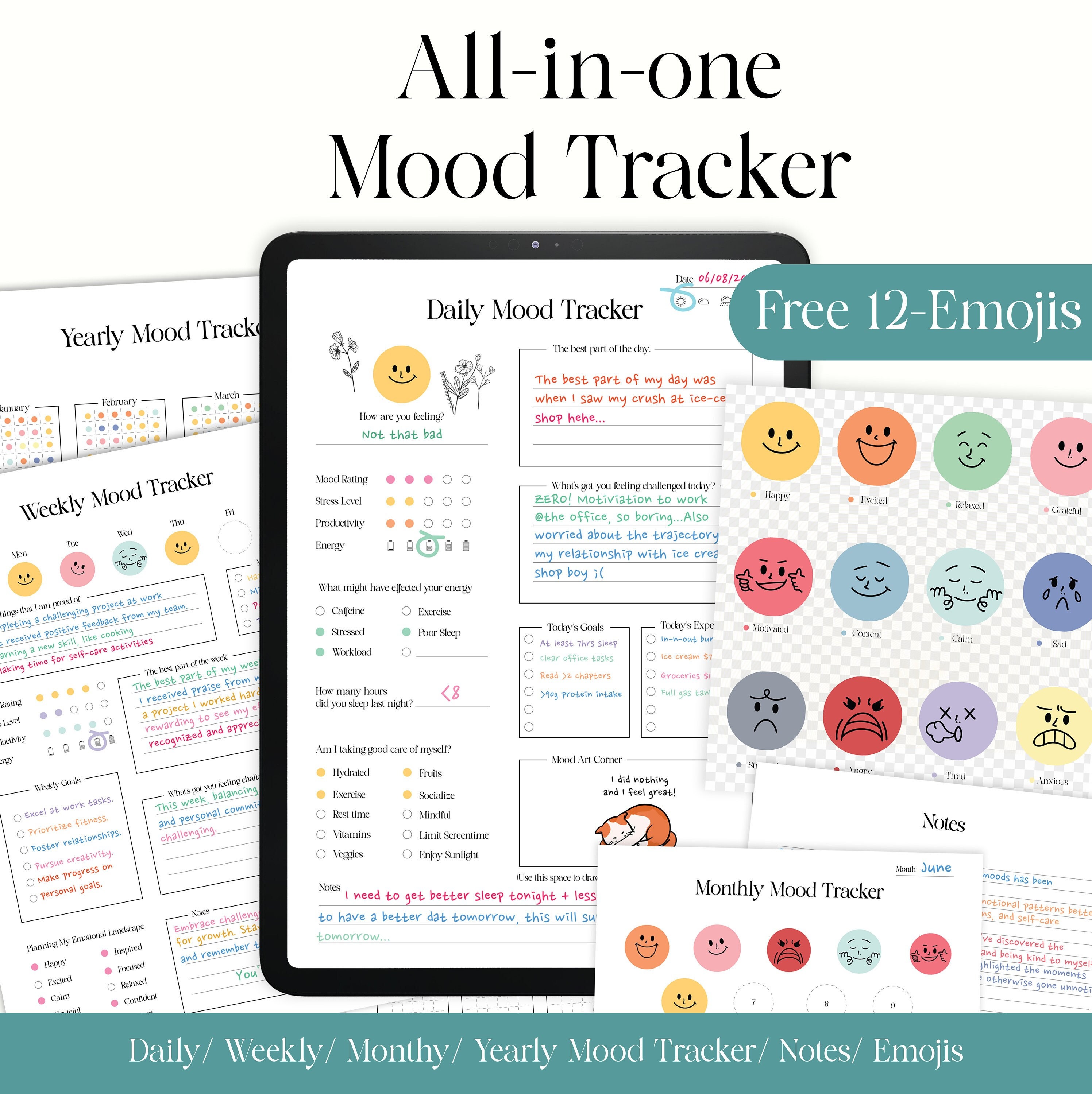 Mood Tracker Printable: A4 Planner With 12 Emojis (PDF Download) - Etsy