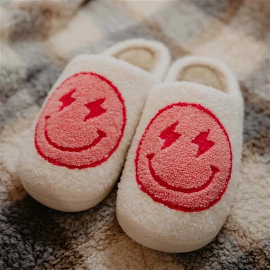 Smiley Face Slippers Fluffy Cushion Slides Cute Womens Etsy
