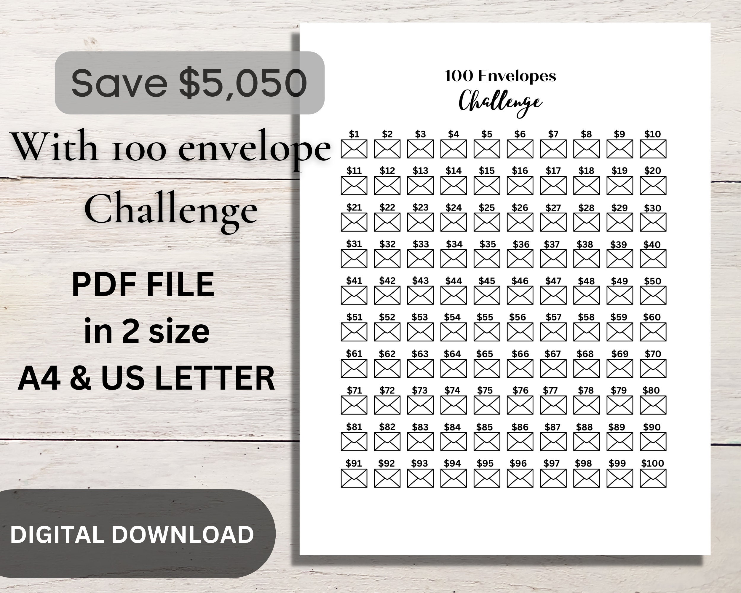 100 Envelope Challenge Printable, Cash Stuffing, Money Savings, - Etsy