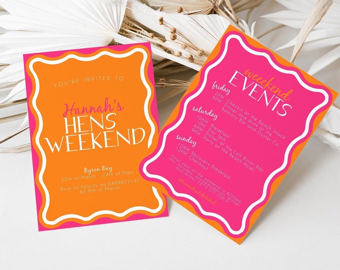 Hens Weekend Wavy Invite Orange and Pink Bachelorette Weekend ...