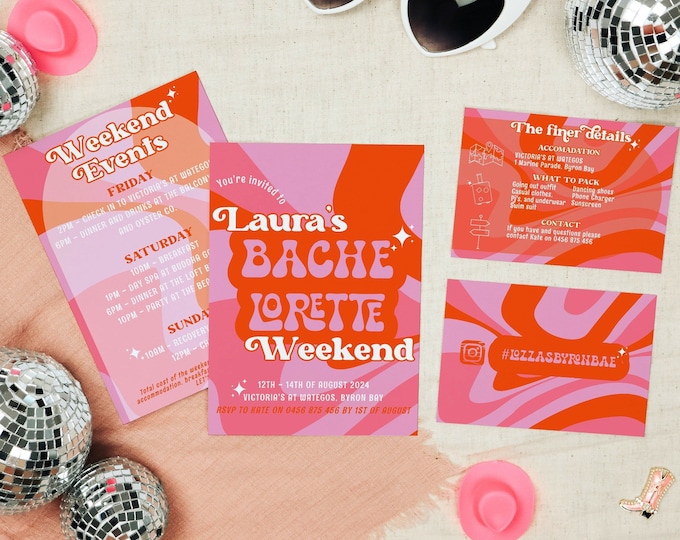 Hens Weekend Wavy Invite Orange and Pink Bachelorette Weekend ...
