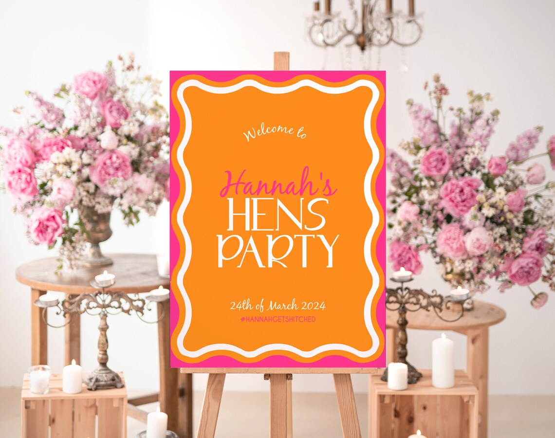 Hens Welcome Sign Wavy Bachelorette Party Welcome Sign Orange and Pink ...