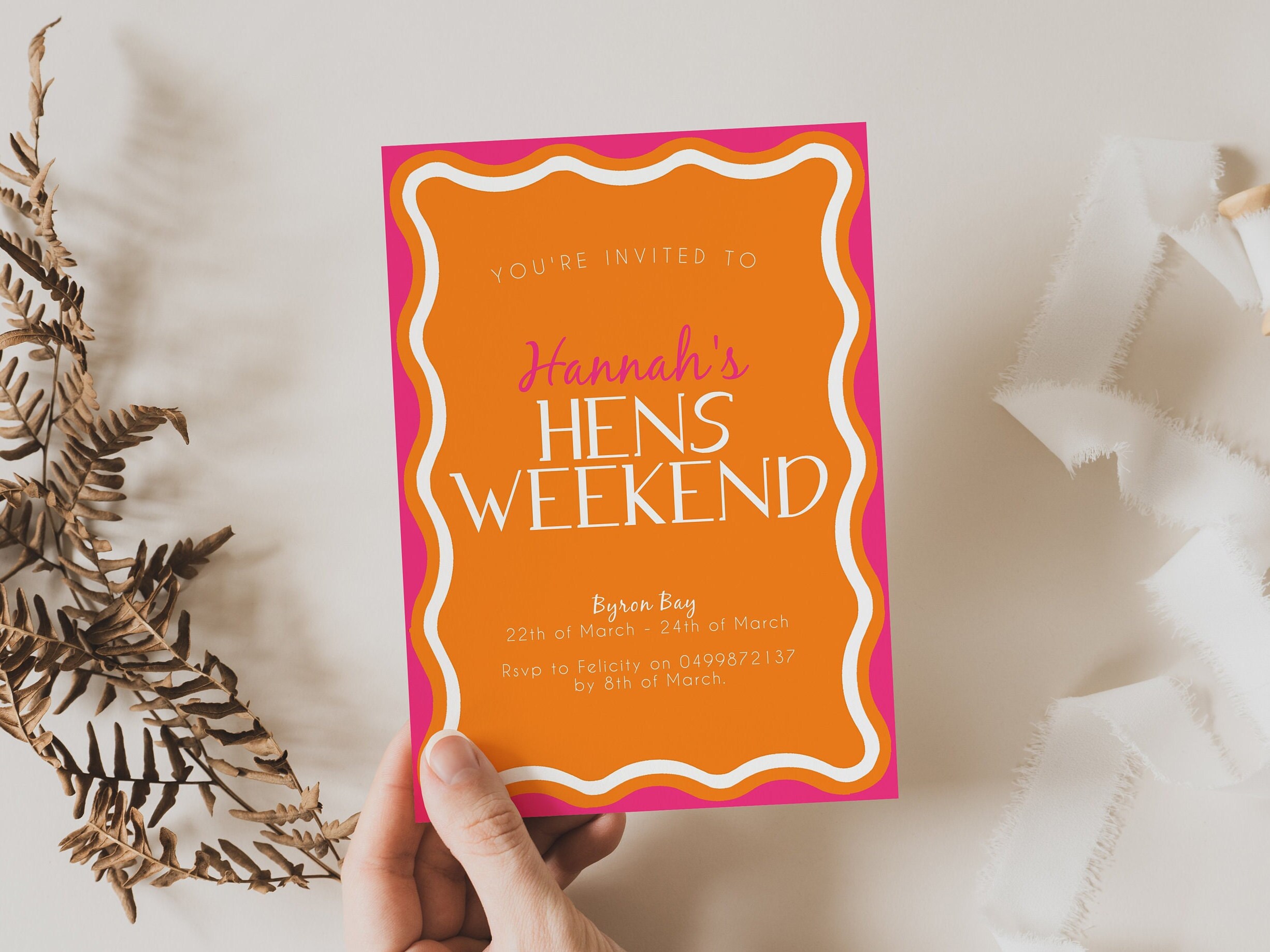 Hens Weekend Wavy Invite Orange and Pink Bachelorette Weekend ...