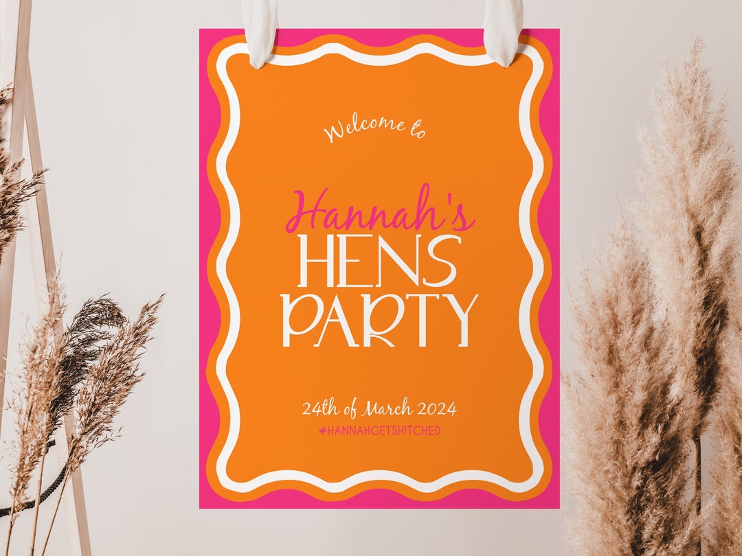 Hens Welcome Sign Wavy Bachelorette Party Welcome Sign Orange and Pink ...