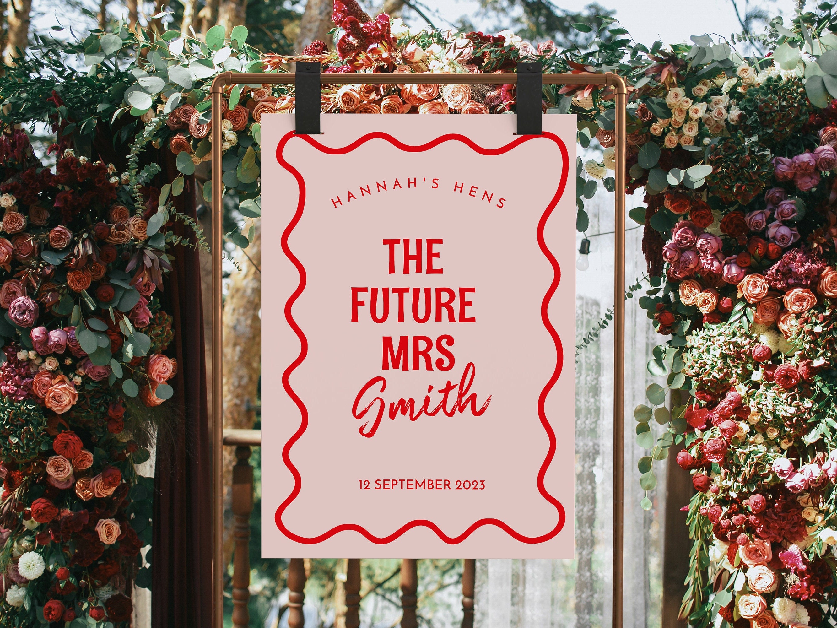 Hens Wavy Welcome Sign Pink and Red Wave Border Bachelorette Sign ...