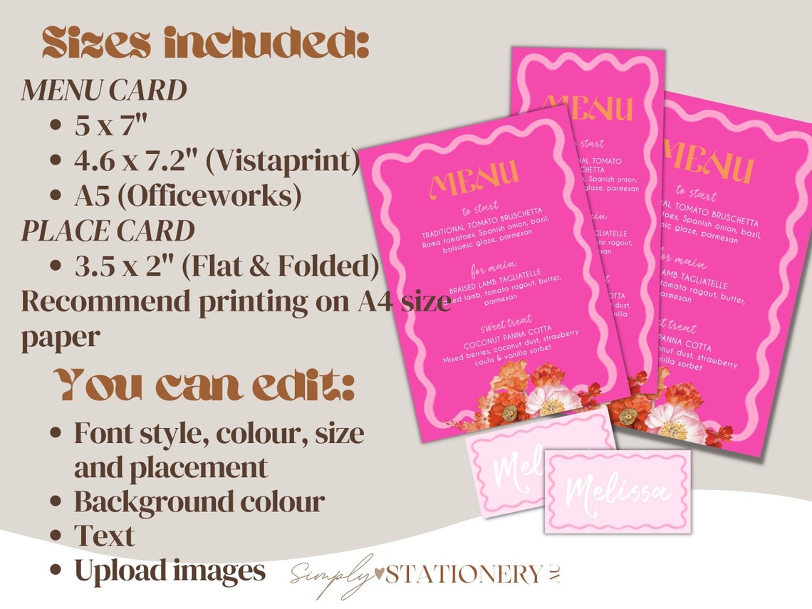 Pink Wavy Menu and Place Card Set Customizable Wave Menu and Name Card ...
