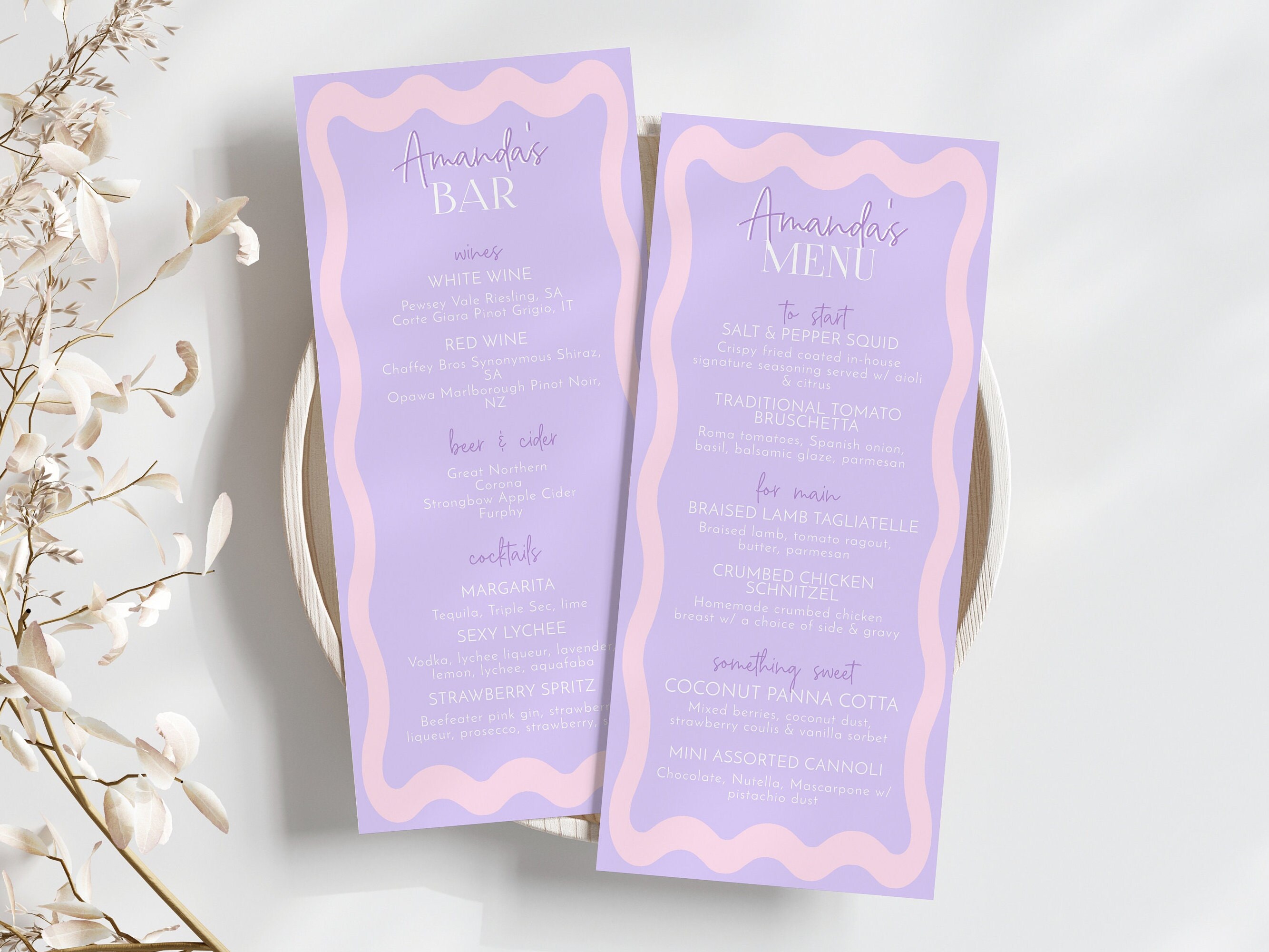 Wavy Menu Card and Place Card Set Modern Menu Card Editable - Etsy ...